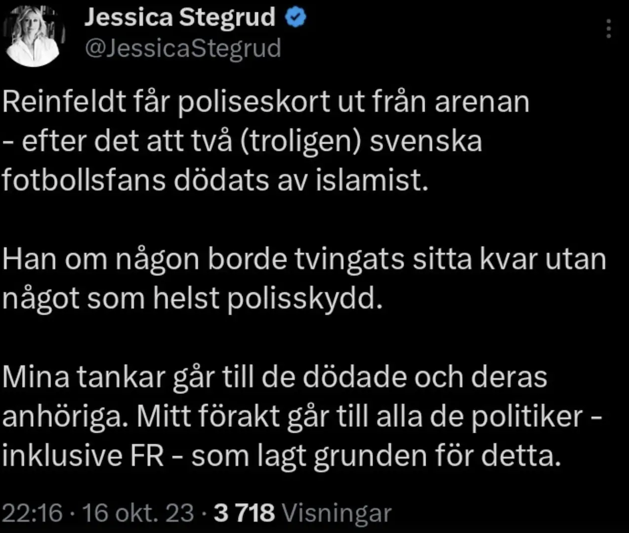 SD:s Jessica Stegruds utspel mot Reinfeldt – raderade inlägg om terrordådet